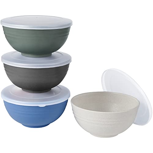 Shopwithgreen Wheat Straw Cereal Bowls with Dust-Proof Lid, Resuable Bowls for Kitchen, Set of 4, Microwave and Dishwasher Safe, for Soup, Oatmeal, Ramen, RV, Camping,College Dorm Room, 24 OZ, Coastal