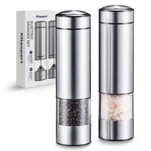 electric salt and pepper grinder set - kitexpert battery operated pepper mill with light - one handed operation with large button - up to 5 adjustable grinding levels