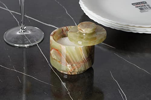 MARBLOUS KRAFTS stylish marble sugar dispenser 3.5 oz salt cellar, salt container and marble décor 3" X 3" Kitchen décor and Salt Pepper Bowls salt dispenser (Green Onyx)