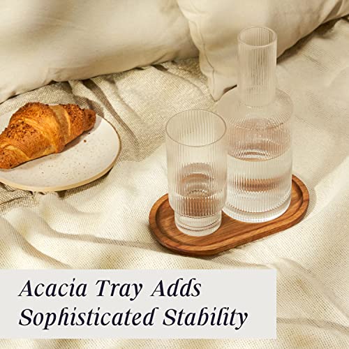 Bedside Water Carafe Set with Glass Drinking Cup and Acacia Wood Tray for Nightstand - Large 27 ounce Capacity Makes Staying Hydrated Easy