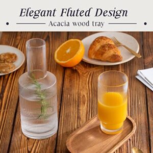 Bedside Water Carafe Set with Glass Drinking Cup and Acacia Wood Tray for Nightstand - Large 27 ounce Capacity Makes Staying Hydrated Easy