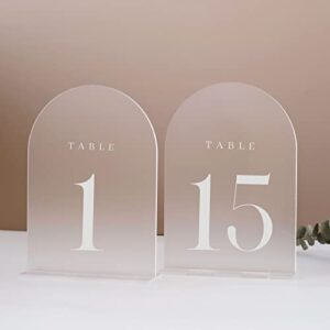 jinmury frosted arch table numbers for wedding, 15 pack 5x7" frosted arch acrylic table signs with holder acrylic table numbers 1-15, perfect for wedding table centerpiece decoration