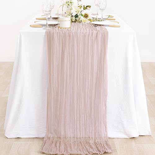 MLMC 10ft Dusty Pink Cheesecloth Table Runner 35x120 Inches Rustic Wrinkled Gauze Boho Table Runner for Bridal Shower Birthday Reception Decor