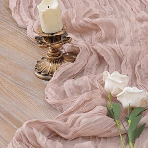 MLMC 10ft Dusty Pink Cheesecloth Table Runner 35x120 Inches Rustic Wrinkled Gauze Boho Table Runner for Bridal Shower Birthday Reception Decor