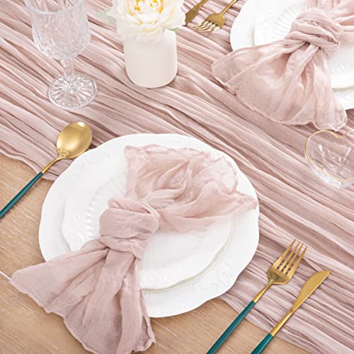 MLMC 10ft Dusty Pink Cheesecloth Table Runner 35x120 Inches Rustic Wrinkled Gauze Boho Table Runner for Bridal Shower Birthday Reception Decor