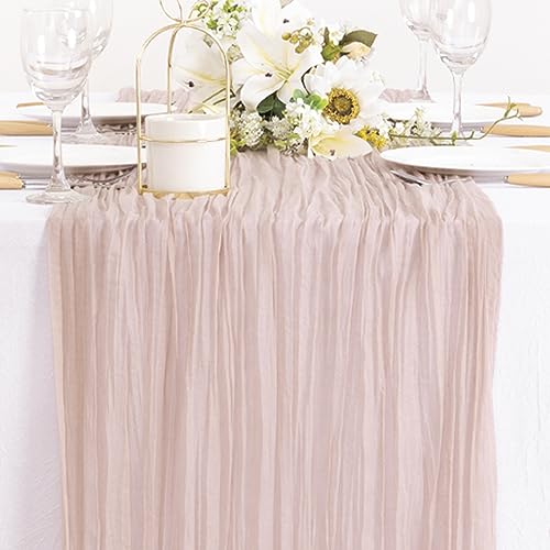 MLMC 10ft Dusty Pink Cheesecloth Table Runner 35x120 Inches Rustic Wrinkled Gauze Boho Table Runner for Bridal Shower Birthday Reception Decor