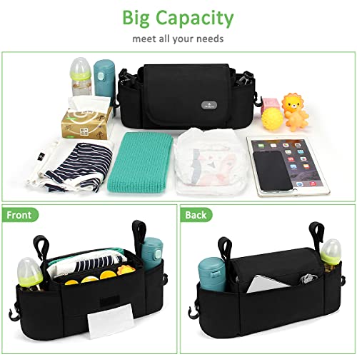 Philorn Baby Stroller Organizer, Stroller Caddy Pram Bag Buggy Organiser with Insulated Cup Holders, Shoulder Strap, Large Storage Space Bag Portable Storage Firmly Attachement 3 Ways to Carry