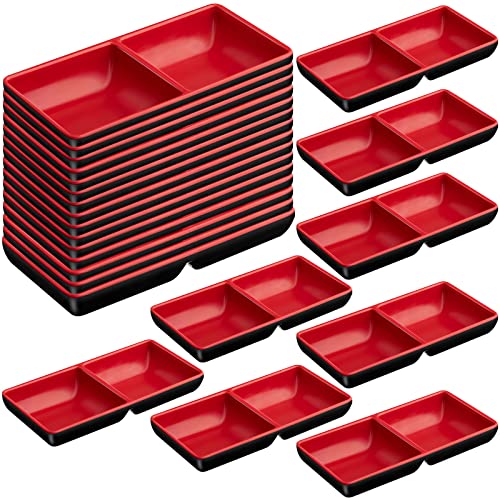 14 Pcs Dual Soy Sauce Dish Melamine Dual Dipping Bowls Divided Serving Tray Wasabi Sushi Dipping Plates Two Compartments Plate Appetizer Serving Tray for Restaurant Kitchen Appetizers Nuts Cheese