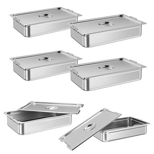 RIEDHOFF 6 Pack Full Size Hotel Pan, [NSF Certified][with Handle & Lid] Commercial Stainless Steel 4 Inch Deep Anti-Jamming Steam Table Pan