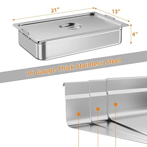 RIEDHOFF 6 Pack Full Size Hotel Pan, [NSF Certified][with Handle & Lid] Commercial Stainless Steel 4 Inch Deep Anti-Jamming Steam Table Pan