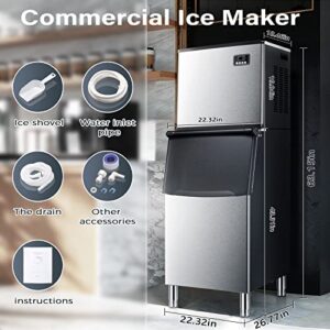 Antarctic Star Commercial Ice Maker Machine Freezer Large Storage 352lbs/24H 40 Square Ice Cubes in 20 Minutes Ice Scoop Water Inlet Pipe Draining Pipe 24-Hour Timer Self-Cleaning for Bar Restaurant…