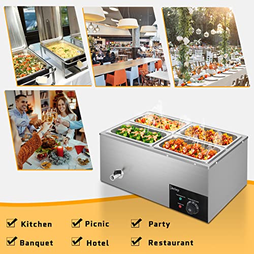 Winado 110V 4-Pan Commercial Food Warmer, 21QT Electric Steam Table 6 Inch Deep, 600W Countertop Stainless Steel Food Soup Buffet w/Temperature Control & Lid for Catering, Restaurant, Party