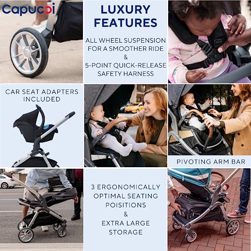 Capucci Velos Versatile Luxury Stroller, Patented Instant One-Button One-Action, Self Standing Fold, Full Size, Full-Feature Modular Baby Stroller w/Reversible Seat & Car Seat Adapters, Sea Foam