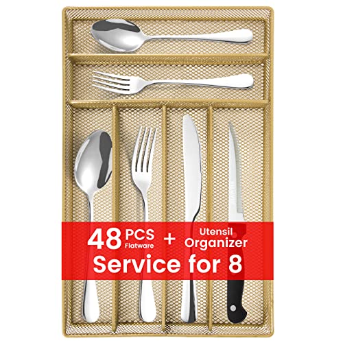 48 pieces Silverware with orgainzer, KITWARE Flatware Service for 8, Stainless Steel Utensil with metal tray, Home & Kitchen Mirror Polish Cutlery, Dishwasher Safe