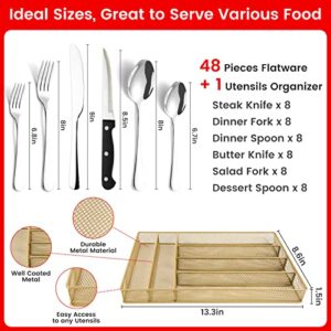 48 pieces Silverware with orgainzer, KITWARE Flatware Service for 8, Stainless Steel Utensil with metal tray, Home & Kitchen Mirror Polish Cutlery, Dishwasher Safe