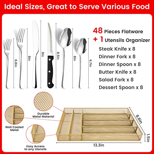 48 pieces Silverware with orgainzer, KITWARE Flatware Service for 8, Stainless Steel Utensil with metal tray, Home & Kitchen Mirror Polish Cutlery, Dishwasher Safe