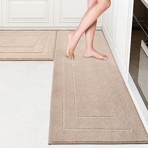 PURRUGS Machine Washable Kitchen Rug Set of 2, Non-Slip/Skid Kitchen Runner Rugs & Floor Mats, Super Absorbent Soft Standing Mats for Kitchen, Sink & Laundry, Beige