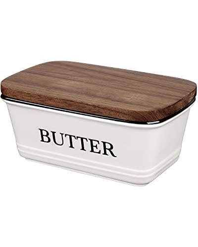 Butter Dish with Lid for Countertop - Large Ceramic Butter Container Holder with Acacia Wooden Lid for Counter - For Modern Kitchen Decor and Accessories - White