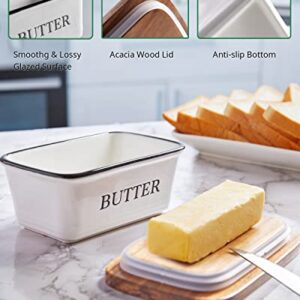 Butter Dish with Lid for Countertop - Large Ceramic Butter Container Holder with Acacia Wooden Lid for Counter - For Modern Kitchen Decor and Accessories - White