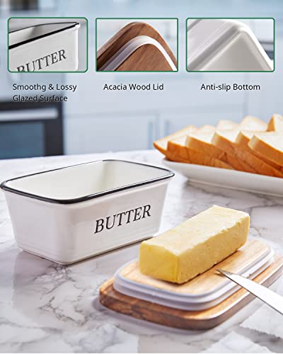 Butter Dish with Lid for Countertop - Large Ceramic Butter Container Holder with Acacia Wooden Lid for Counter - For Modern Kitchen Decor and Accessories - White