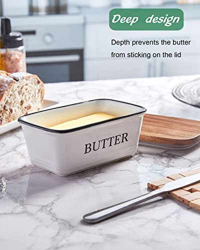 Butter Dish with Lid for Countertop - Large Ceramic Butter Container Holder with Acacia Wooden Lid for Counter - For Modern Kitchen Decor and Accessories - White