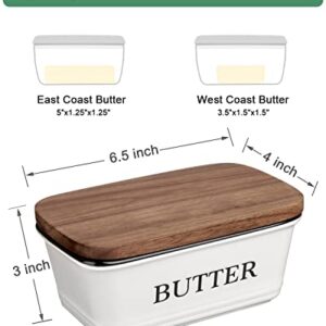 Butter Dish with Lid for Countertop - Large Ceramic Butter Container Holder with Acacia Wooden Lid for Counter - For Modern Kitchen Decor and Accessories - White