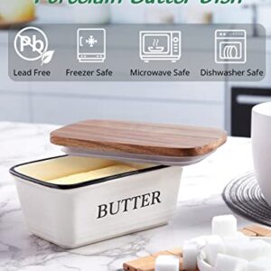 Butter Dish with Lid for Countertop - Large Ceramic Butter Container Holder with Acacia Wooden Lid for Counter - For Modern Kitchen Decor and Accessories - White