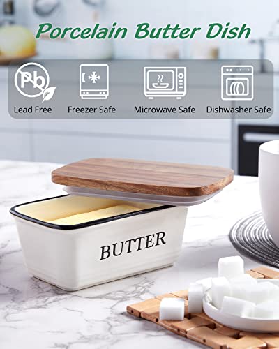 Butter Dish with Lid for Countertop - Large Ceramic Butter Container Holder with Acacia Wooden Lid for Counter - For Modern Kitchen Decor and Accessories - White