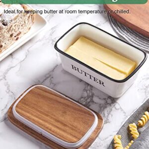 Butter Dish with Lid for Countertop - Large Ceramic Butter Container Holder with Acacia Wooden Lid for Counter - For Modern Kitchen Decor and Accessories - White