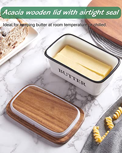 Butter Dish with Lid for Countertop - Large Ceramic Butter Container Holder with Acacia Wooden Lid for Counter - For Modern Kitchen Decor and Accessories - White