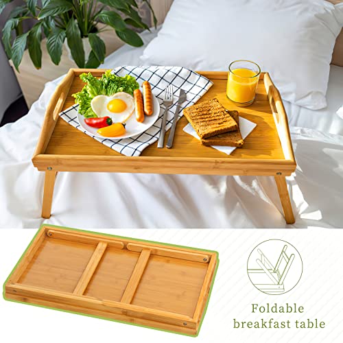 Bed Tray Table Breakfast Trays Serving Tray Bamboo Bed Laptap with Floding Legs Handles and Phone Holders