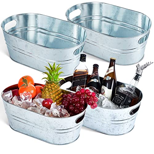 4 Pcs 4 Gallon Galvanized Metal Ice Buckets Beverage Tubs for Parties Large Drink Tin Bins for Beer Wine Champagne Cocktail Cooler for Rustic Mimosa Bar Supplies (Silver,Classic)