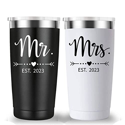 Mamihlap Mr and Mrs Est 2023 Travel Mug Tumbler.Newlyweds Couples Wife Bride To Be Newly Engaged Bridal Shower Gifts.Wedding Tumbler Idea for Bridal Showers Engagement.(20oz Black&White)