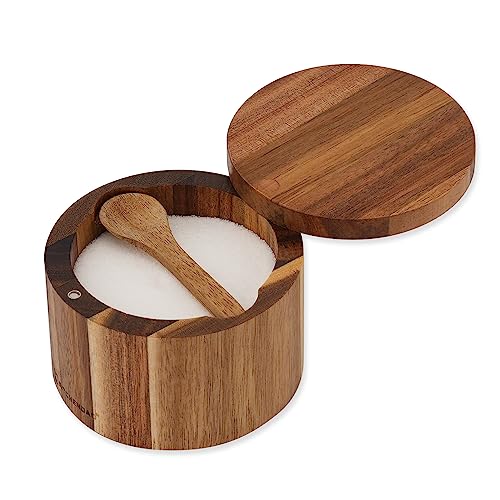 KITCHENDAO Acacia Wood Salt Cellar Bowl Box with Built-in Spoon to avoid Dust, Elegant Kitchen Salt Container Holder with Swivel Magnetic Lid to Storage Pepper Spice Bath Salt Sea Salt, 6OZ