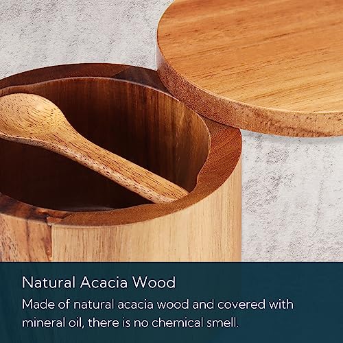 KITCHENDAO Acacia Wood Salt Cellar Bowl Box with Built-in Spoon to avoid Dust, Elegant Kitchen Salt Container Holder with Swivel Magnetic Lid to Storage Pepper Spice Bath Salt Sea Salt, 6OZ