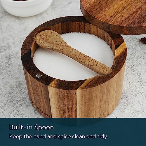 KITCHENDAO Acacia Wood Salt Cellar Bowl Box with Built-in Spoon to avoid Dust, Elegant Kitchen Salt Container Holder with Swivel Magnetic Lid to Storage Pepper Spice Bath Salt Sea Salt, 6OZ