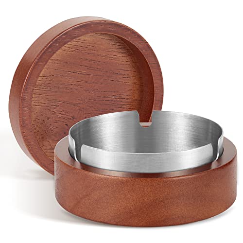 Outdoor Ashtray, Wooden Ash Tray with Lid, Windproof Ashtrays for Cigarettes with Stainless Steel Liner, Portable Ash trays for Indoor/Outside/Home/Office/Patio/Table/Balcony