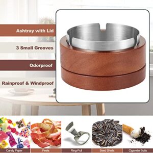 Outdoor Ashtray, Wooden Ash Tray with Lid, Windproof Ashtrays for Cigarettes with Stainless Steel Liner, Portable Ash trays for Indoor/Outside/Home/Office/Patio/Table/Balcony