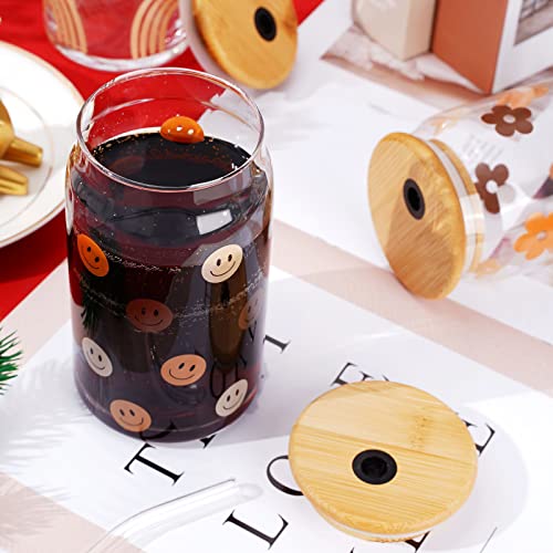 Whaline Drinking Glasses with Bamboo Lids and Glass Straw 4pcs Set - 16oz Can Shaped Glass Cup, Beer Glass, Iced Coffee Glass, Cute Tumbler Cup, Ideal for Cocktail, Whiskey, Gift - 2 Cleaning Brushes