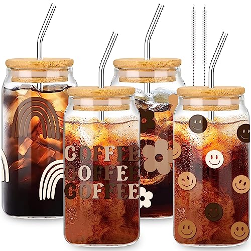 Whaline Drinking Glasses with Bamboo Lids and Glass Straw 4pcs Set - 16oz Can Shaped Glass Cup, Beer Glass, Iced Coffee Glass, Cute Tumbler Cup, Ideal for Cocktail, Whiskey, Gift - 2 Cleaning Brushes