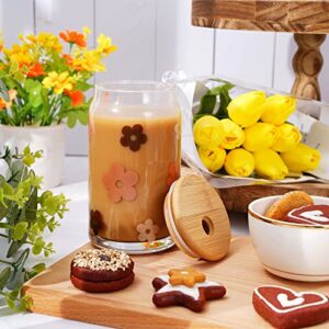 Whaline Drinking Glasses with Bamboo Lids and Glass Straw 4pcs Set - 16oz Can Shaped Glass Cup, Beer Glass, Iced Coffee Glass, Cute Tumbler Cup, Ideal for Cocktail, Whiskey, Gift - 2 Cleaning Brushes