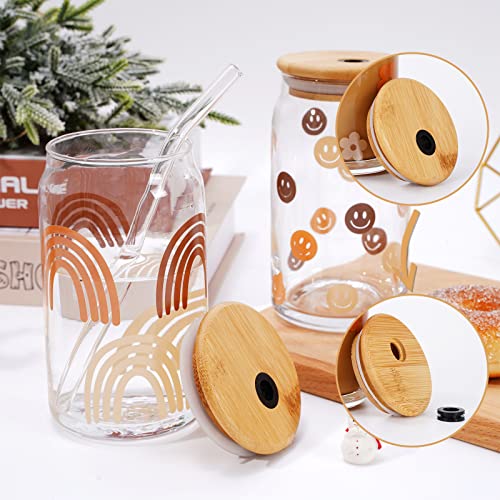 Whaline Drinking Glasses with Bamboo Lids and Glass Straw 4pcs Set - 16oz Can Shaped Glass Cup, Beer Glass, Iced Coffee Glass, Cute Tumbler Cup, Ideal for Cocktail, Whiskey, Gift - 2 Cleaning Brushes