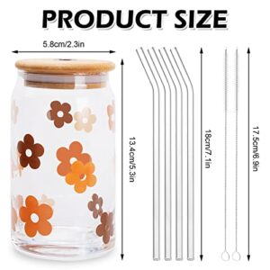 Whaline Drinking Glasses with Bamboo Lids and Glass Straw 4pcs Set - 16oz Can Shaped Glass Cup, Beer Glass, Iced Coffee Glass, Cute Tumbler Cup, Ideal for Cocktail, Whiskey, Gift - 2 Cleaning Brushes