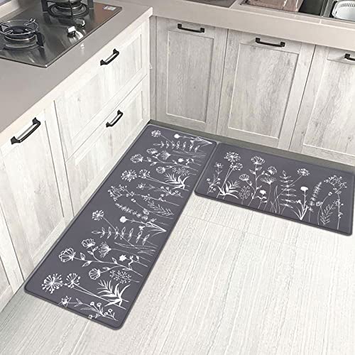 ASPMIZ Farmhouse Kitchen Mat Set Anti Fatigue 2 Piece, Non-Skid Waterproof Kitchen Mats and Rugs Cushioned, Washable Kitchen Rug Flowers Floor Comfort Mats for Kitchen Home, 17'' x 47'' + 17'' x 30''