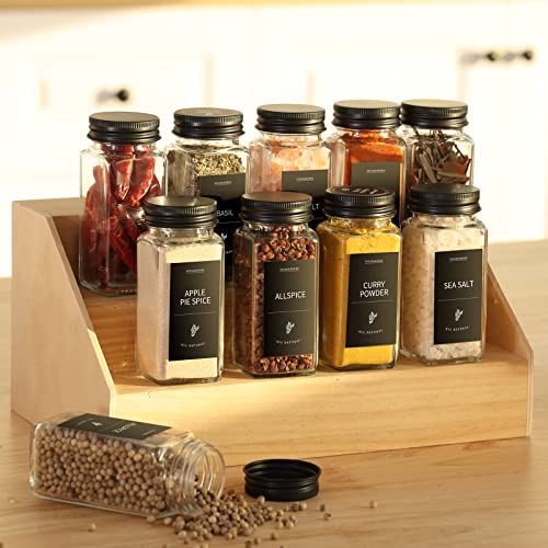 CUCUMI 25pcs Spice Jars with Labels, Glass Spice Jars with Black Metal Caps, 4oz Spice Bottles with Shaker Lids, Funnel, Chalk Pen,Test Tube Brush, Seasoning Storage for Spice Rack, Cabinet