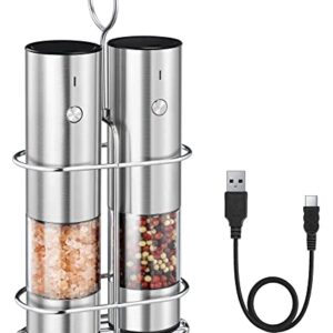 Rechargeable Electric Salt and Pepper Grinder Set with Holder - Nicely Packaged Giftable - No Battery Needed - Automatic Pepper Mill & Adjustable Coarseness & LED Light Refillable - Stainless Steel