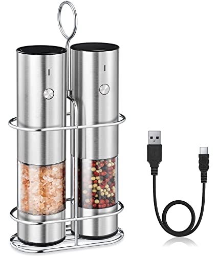 Rechargeable Electric Salt and Pepper Grinder Set with Holder - Nicely Packaged Giftable - No Battery Needed - Automatic Pepper Mill & Adjustable Coarseness & LED Light Refillable - Stainless Steel