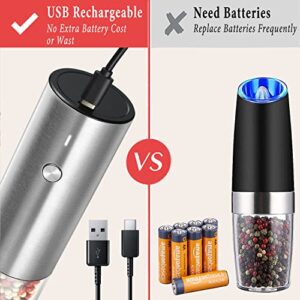 Rechargeable Electric Salt and Pepper Grinder Set with Holder - Nicely Packaged Giftable - No Battery Needed - Automatic Pepper Mill & Adjustable Coarseness & LED Light Refillable - Stainless Steel