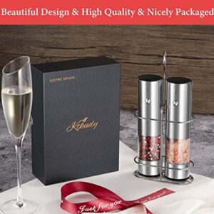 Rechargeable Electric Salt and Pepper Grinder Set with Holder - Nicely Packaged Giftable - No Battery Needed - Automatic Pepper Mill & Adjustable Coarseness & LED Light Refillable - Stainless Steel