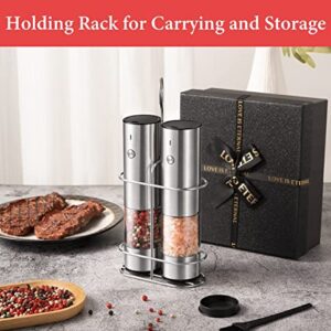 Rechargeable Electric Salt and Pepper Grinder Set with Holder - Nicely Packaged Giftable - No Battery Needed - Automatic Pepper Mill & Adjustable Coarseness & LED Light Refillable - Stainless Steel